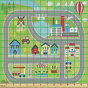 Ambesonne Car Race Track Fabric by The Yard, Roadway Activity Sunny City Landscape Illustration with Farm Factory, Decorative Fabric for Upholstery and Home Accents, Green Grey