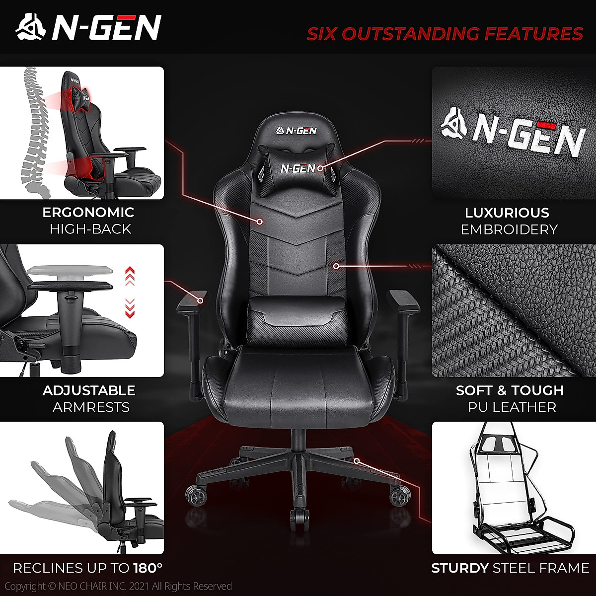 N-GEN Gaming Chair Computer Ergonomic Office Adjustable Lumbar Support Racing Style High Back Desk Headrest Swivel Executive E-Sports Video Game PC Leather Height Reclining (1. Black)