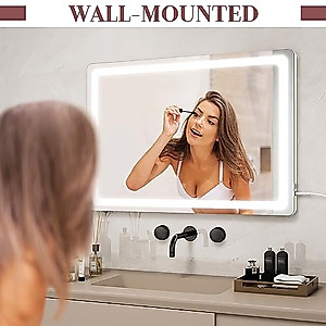 ROLOVE Vanity Mirror with Lights, 32" x 22" Large Lighted Vanity Mirror with Dimmable 3 Modes, LED Makeup Mirror with Detachable 10X Magnification, Touch Screen Control, for Makeup Desk, Dressing Room