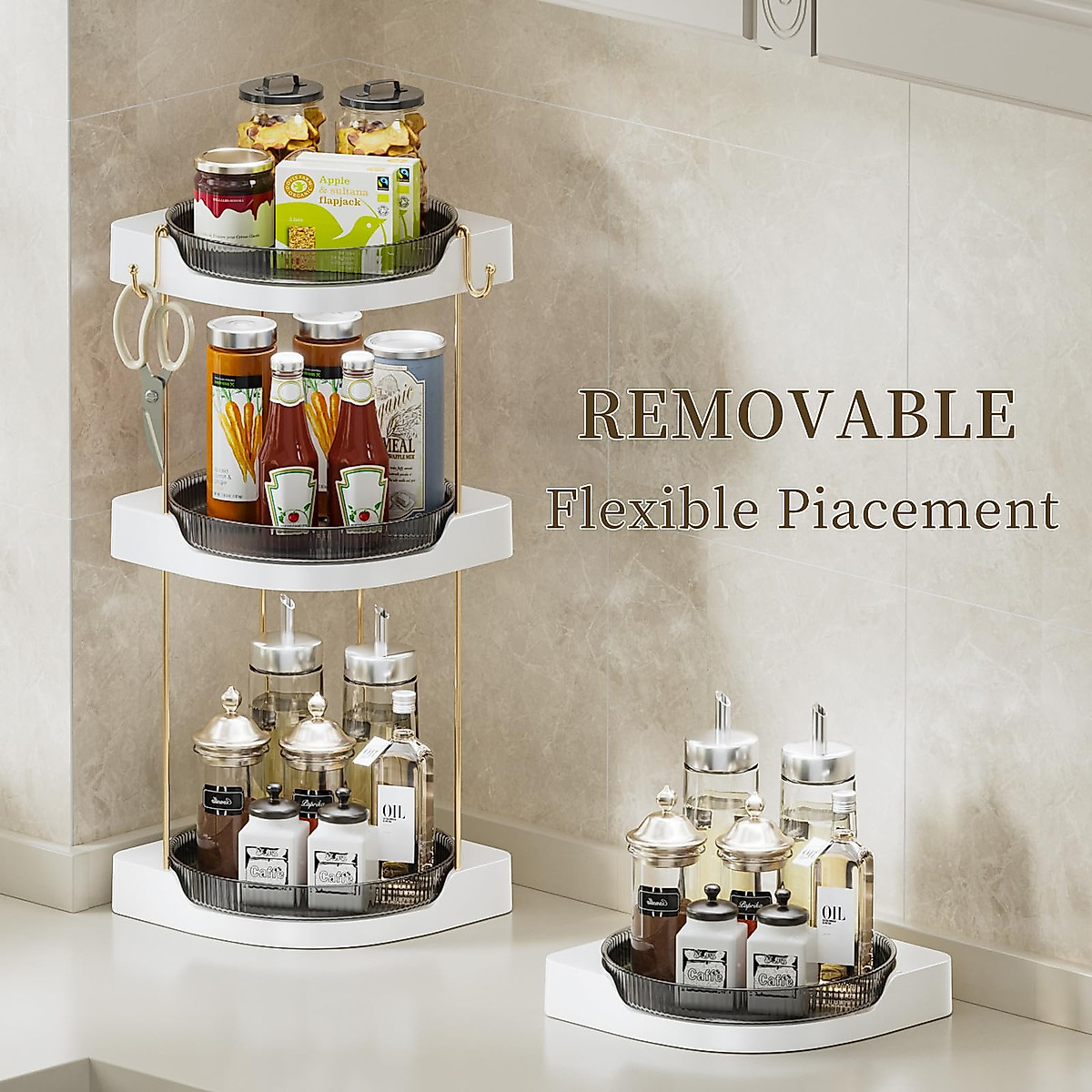 CVGETME 3 Tier Corner Bathroom Counter Organizer, 360 Rotating Makeup Organizers Tray, Countertop Cosmetic Skincare Perfume Storage Sink Shelf for Vanity Bathroom Kitchen (Grey)