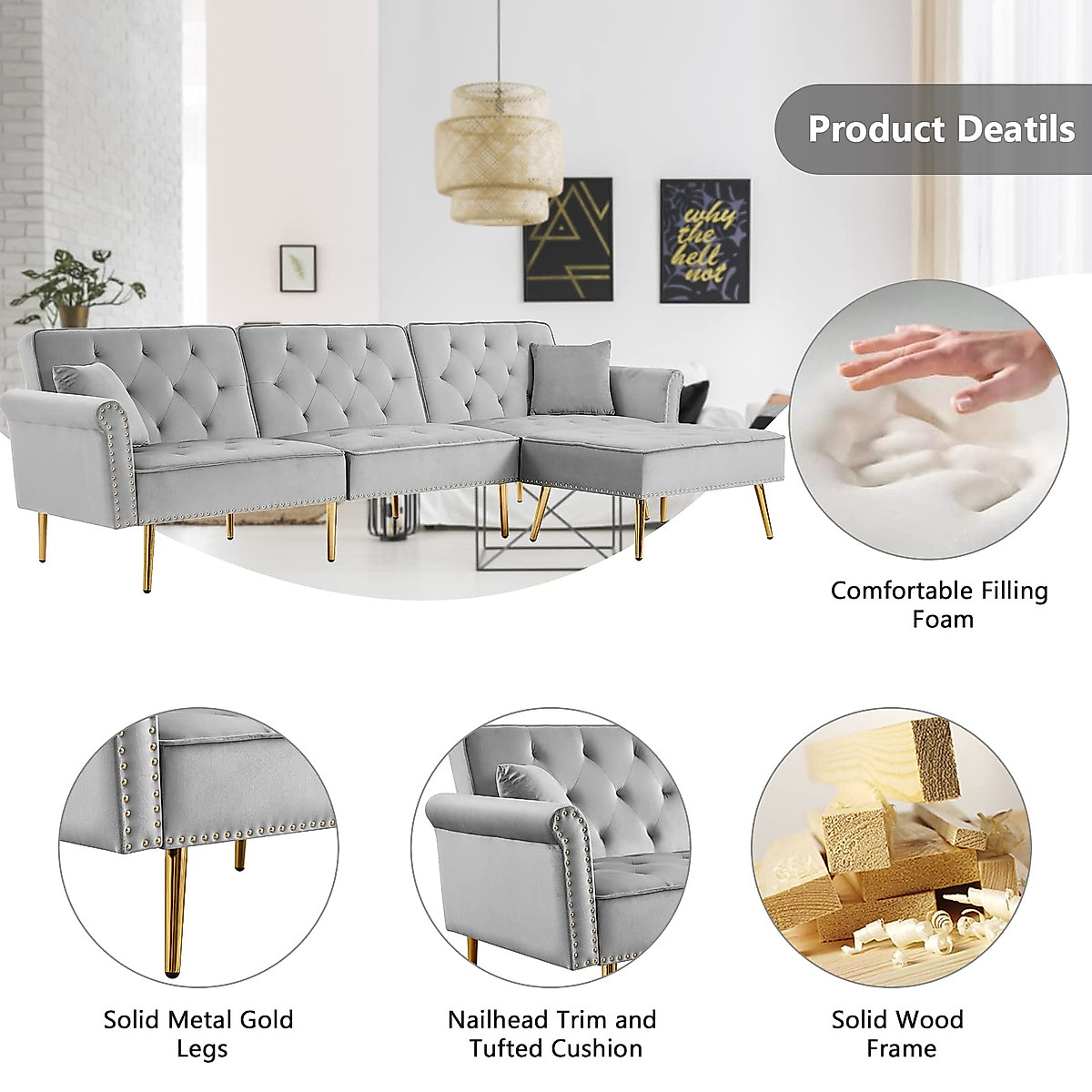 Hommoo 110” Modern Reversible Sectional Couch for Living Room Velvet L Shaped Couch with Removable Ottoman Nailhead Trim 3 Seater Sofa with Metal Gold Legs Light Gray