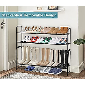 AOODA Long 2 Tier Shoe Rack for Closet Metal Wide Stackable Shoe Storage Organizer for Entryway, Bedroom, Floor, 18-Pairs Low Shoe Shelf, Black