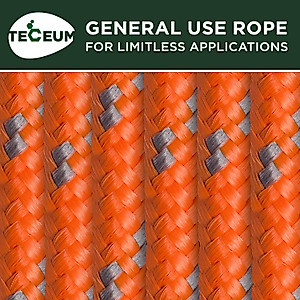 TECEUM Rope – 90 Feet x 1/4 Inch (7mm) – Orange Gray – Strong All-Purpose Utility Rope – Camping, Crafting, Flag Pole, Indoor & Outdoor – Polypropylene Nylon Poly Lightweight Diamond Braided Cord