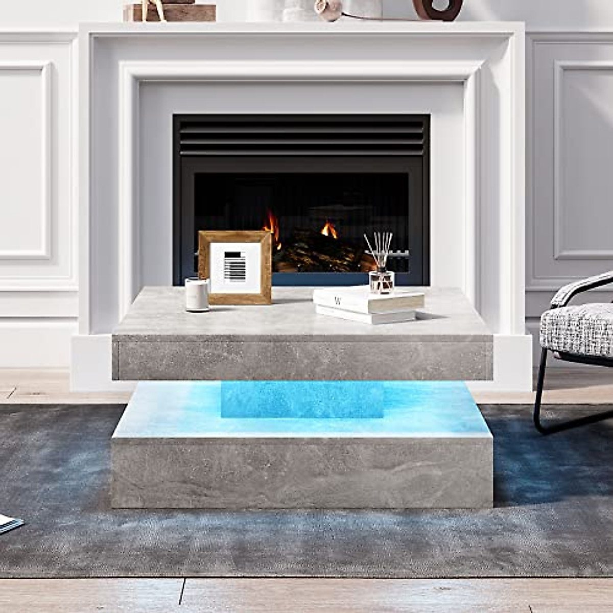 HedoAjim LED Coffee Table for Living Room, Living Room Table 2-Tier Square Middle Center Table, Modern Coffee Tables with Storage, Contemporary Wood Tea Tables for Dining Reception, Grey