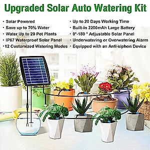 Solar Drip Irrigation Kit System with 12 Timer Modes & Anti-Siphoning Device, NVRGIUP Solar Powered Indoor Outdoor Automatic Plant Waterer Built-in 2200 mAh Battery & Enlarged Solar Panel Vacation Auto Garden Watering System for 20-30 Potted Plants in Gre