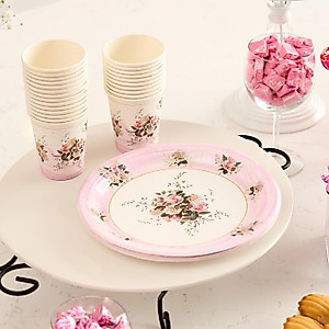 ROYAL BLUEBONNET Paper Plates and Napkins Set, Floral Design, 24 Pieces, Pink, Spring, Disposable Party Supplies