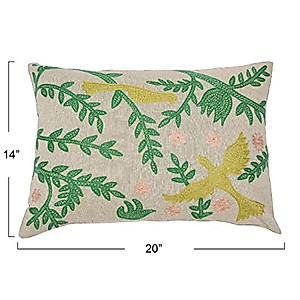 Creative Co-Op Cotton Chambray Lumbar Bird Embroidery Pillow, 20" L x 14" W x 2" H, Multicolor