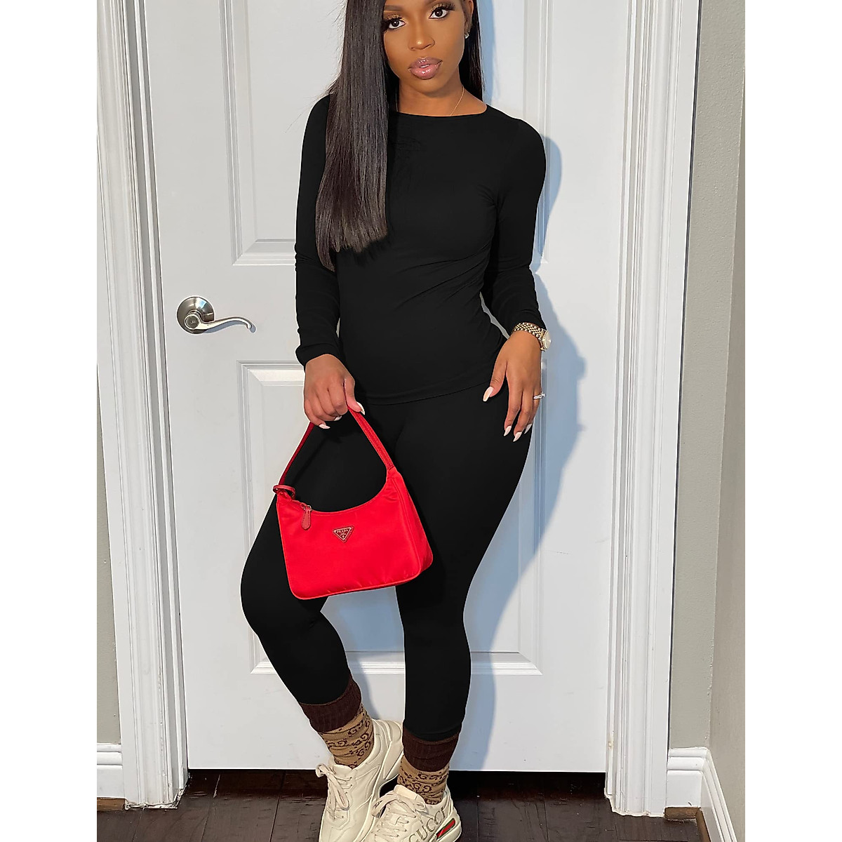 BORIFLORS Women's 2 Piece Track Suits Outfits Workout Long Sleeve Top Jogger Legging Pants Sets,Medium,Black