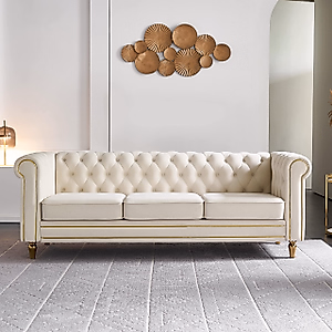 Yoglad Velvet Chesterfield Sofa, 84.65'' Mid Century Modern 3 Seater Couch with Round Arms and Metal Legs, Upholstered Sofa with Tufted Back for Living Room Bedroom (Beige)