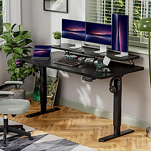 Shahoo Electric Standing Desk with Monitor Shelf, 63 x 27 Inches Height Adjustable Corner Table, Computer Workstation with Cup Holder and Hook for Home Office, Black, 63x27 Inch