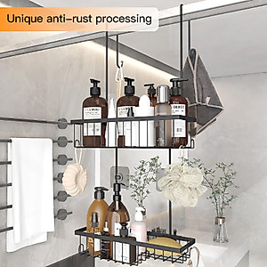 Fixwal Hanging Shower Caddy Over the Door with Soap Holder, No Drilling Adhesive Bathroom Storage Organizer Rack with 10 Hooks Hanging Shelf Basket Rustproof Waterproof Anti-Swing, 2 Tiers