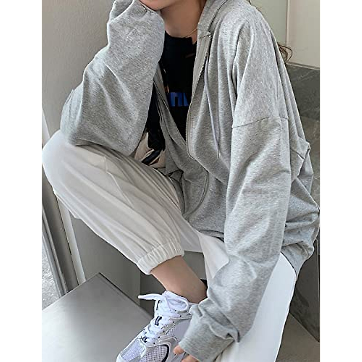 Aisongyuan Womens Zip Up Hoodie Drawstring Lightweight Long Sleeve Sweatshirt with Kanga Pocket(Grey,L)