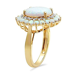 Jewelili Blooming Ring in 18K Yellow Gold Over Sterling Silver Oval and Pear Shape Created Opal with Round Created White Sapphire, Size 9