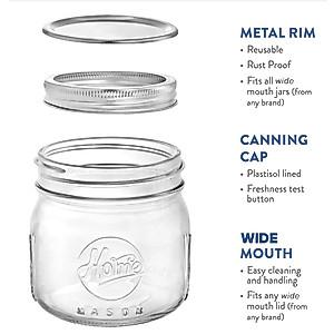 Tebery 12 Pack Wide Mouth Home Glass Mason Jars with Airtight Lids and Bands, 16Oz Canning Glass Jars for Canning, Fermenting, Pickling, Decor