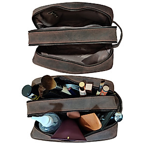 RUSTIC TOWN Full Grain Leather Travel Toiletry Bag - Dopp Kit Organizer (Dark Brown)