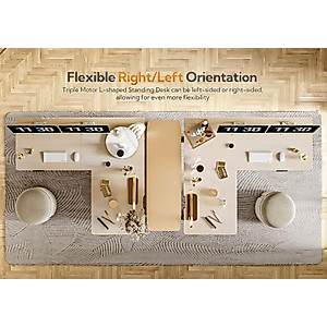 Claiks Triple Motor L Shaped Standing Desk, 63 x 55 inch Corner Stand Up Desk, Adjustable Height Desk with Splice Board, White Frame/Nature Top