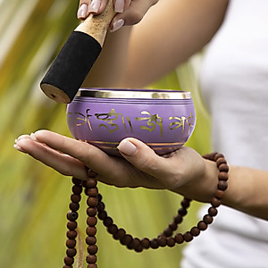 Purple Singing Bowl Set with Wooden Mallet and Cushion, Brass – Unique, Tibetan Bowls for Meditation, Grounding, Experiencing Spiritual Oneness - Lightweight Bowl - Decor for Home, Yoga Studio