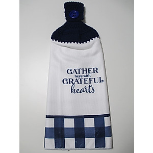 Crocheted FULL Towel Fall Gather Here With Grateful Hearts Kitchen Towel with Soft Navy Yarn