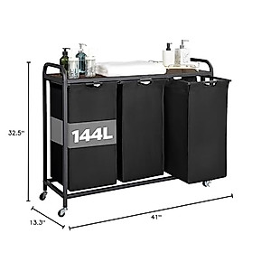 Lineware Laundry Hamper, Laundry Basket 3 Section, 3 × 12.7 Gal (144L), Laundry Sorter with Top Shelf, Upgrade larger Rolling Laundry Basket with 3 Pull-Out Organizer Bags and Wheels (B-BLACK)