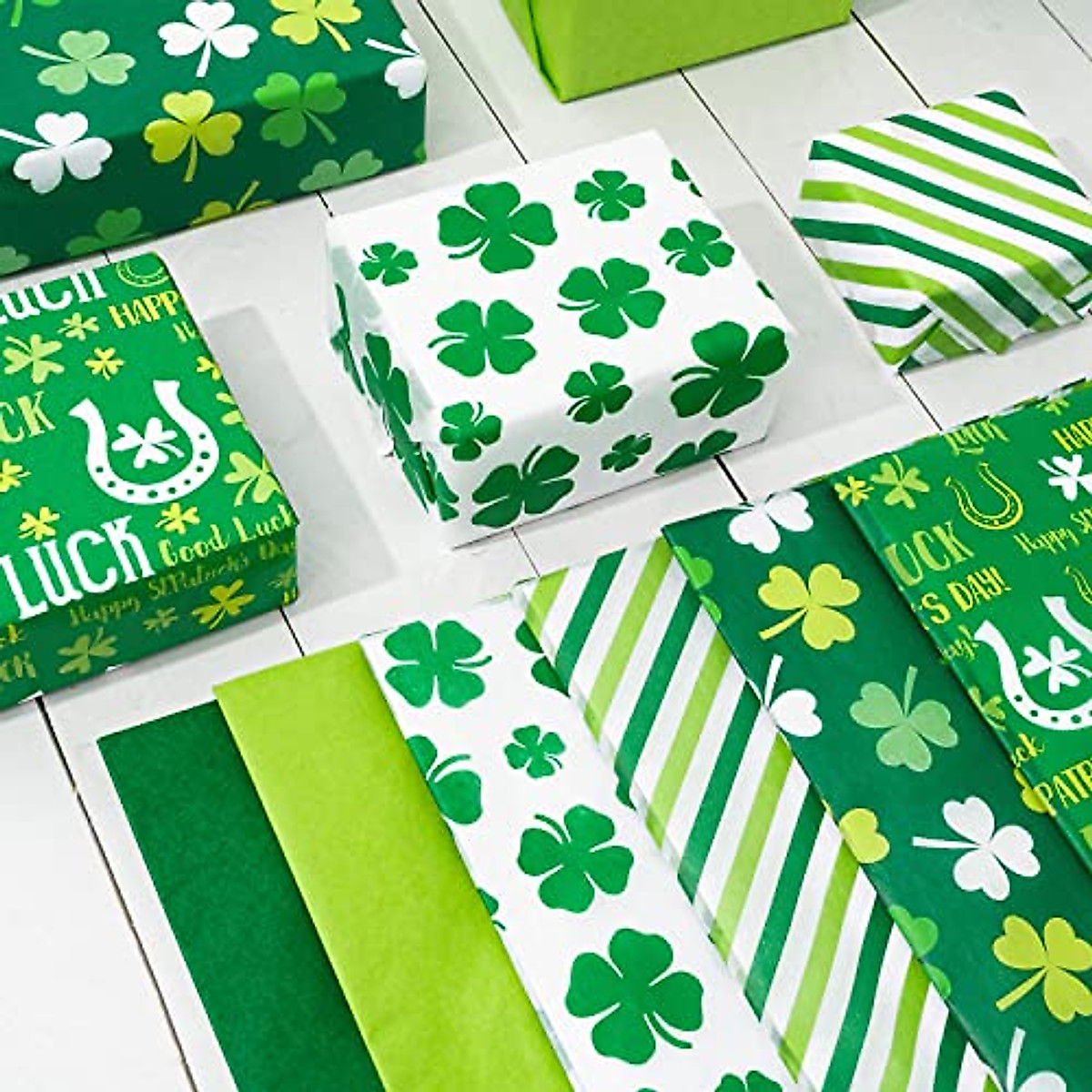 Whaline 120 Sheet St. Patrick's Day Tissue Paper Shamrock Wrapping Paper Lucky Clover Gift Wrapping Paper Irish Holiday Art Paper for Home DIY Gift Bags Party Favor Decor, 14 x 20 Inch