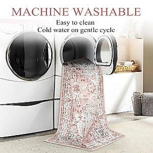 Lahome Boho Pink Rugs for Bedroom Girls, 3x5 Non Slip Carpet for Living Room, Washable Vintage Medallion Accent Throw Rugs with Rubber Backing Carpet for Entryway Kitchen Office Dining Room