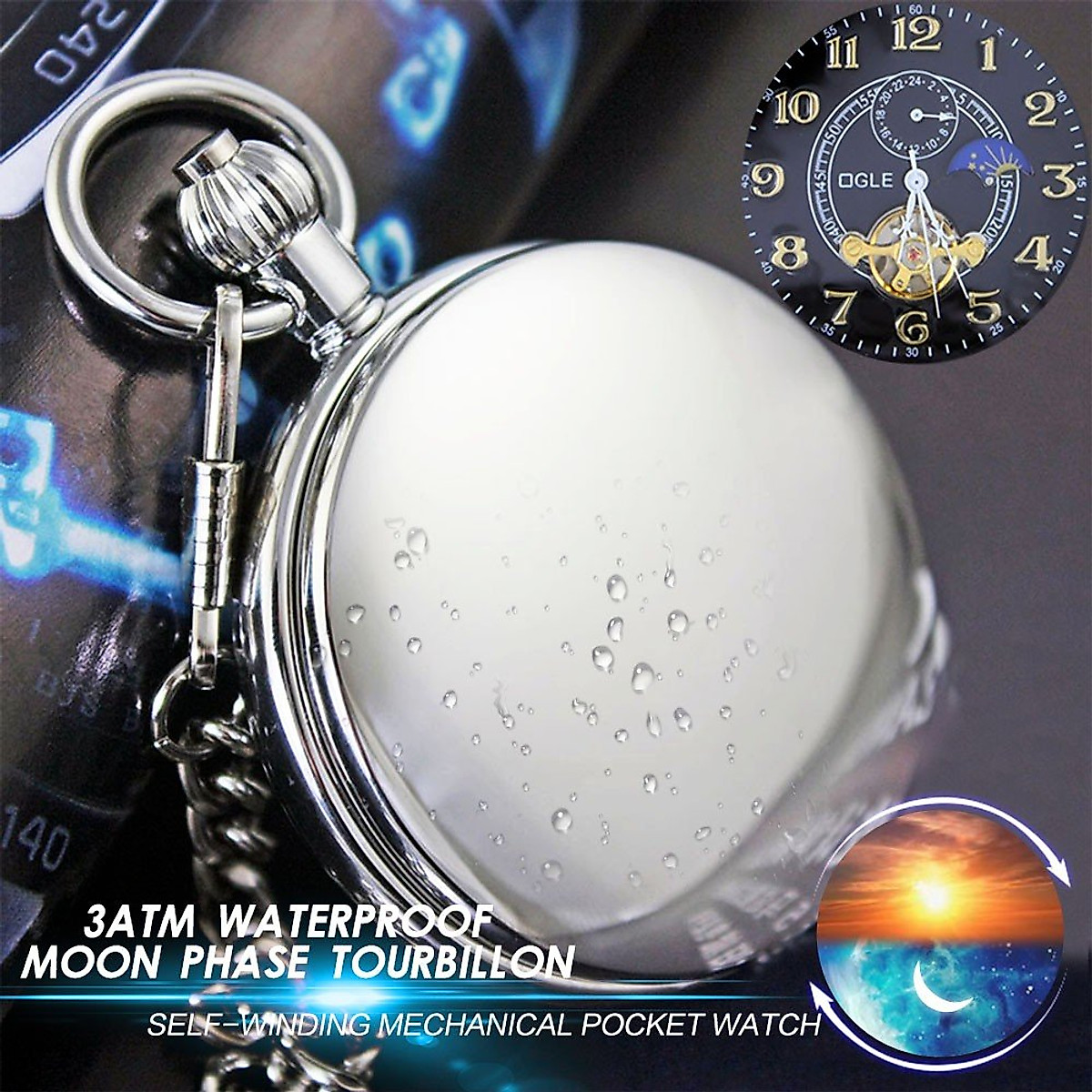 OGLE Waterproof Distorting Mirror Tourbillon Phases Sun Moon Chain Fob Skeleton Automatic Mechanical Pocket Watch (Silver Black)