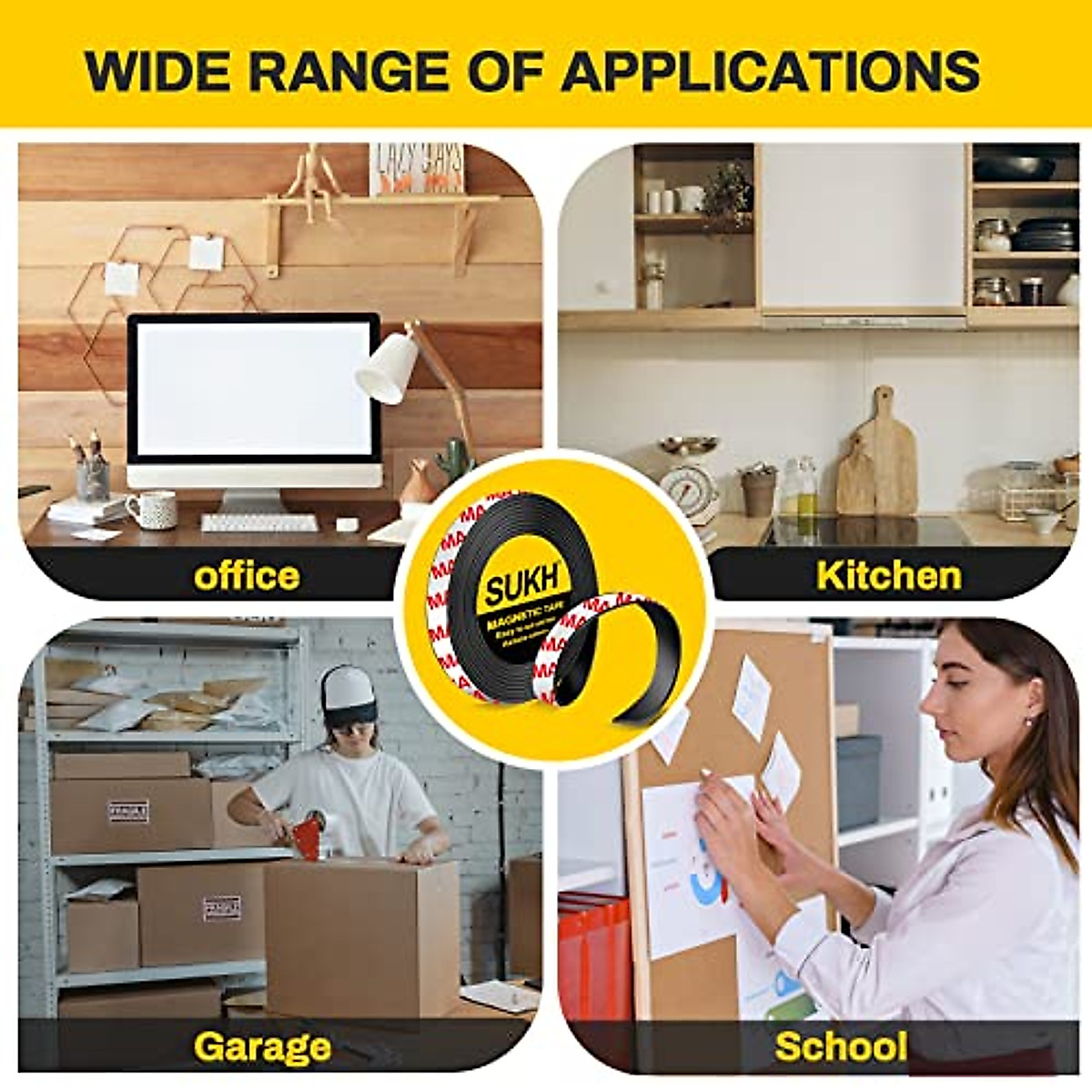 Magnetic Tape Strips with Adhesive Backing - Magnetic Strip SUKH Magnet Band Strong Adhesive Cuttable Magnetic Sheets Magnets Perfect for DIY, Art Projects,Whiteboards,Fridge Organization Classroom