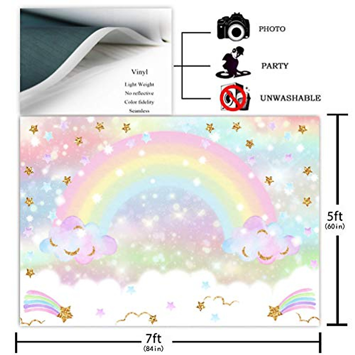 Avezano Rainbow Backdrop for Girls Birthday Party 7x5ft Glitter Star Rainbow Sky Cloud Photography Background Pastel Rainbow Party Decorations Photoshoot Backdrops