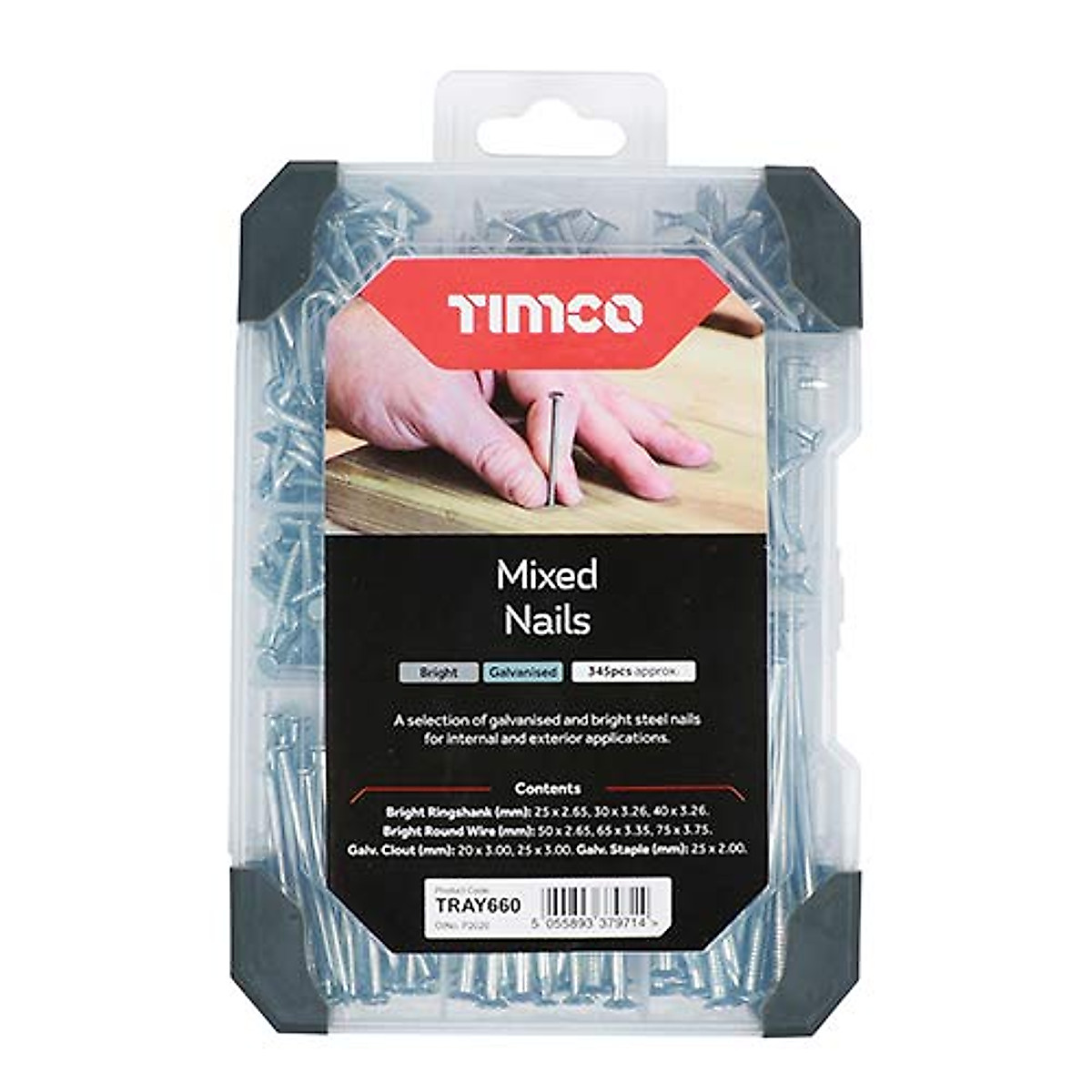 TIMCO Nails Galvanised Bright Mixed Tray - 300pcs - A Selection of galvanised and Bright Steel Nails for Internal and Exterior Applications