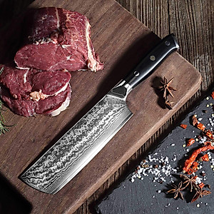 PAUDIN Nakiri Knife 7'', Damascus Chef Knife, Japanese VG-10 Stainless Steel, Kitchen Knife with G10 Full Tang Handle, Razor Sharp 67-Layer Forged Blade
