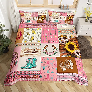 Erosebridal Western Cowgirl Duvet Cover Horseshoe Riding Boots Full Size Bedding Set for Kids Girls Boho Dreamcatcher Comforter Cover Yellow Sunflower Decor Bed Cover with 2 Pillowcases