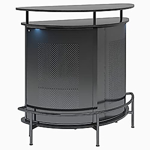 CECER Wine Bar Cabinet with 4 Tiers Storage | RGB LED Light Metal Mesh Industrial Buffet Coffee Counter with Red Wine Rack | Modern Iron＆Wood Mini Liquor Cabinet with Footrest for Home Black