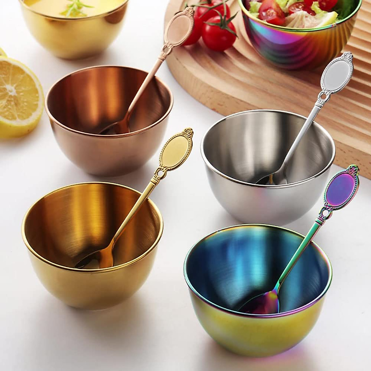 18/8 Stainless Steel Condiments Side Sauces Dishes Cereal Dessert Ice Cream Appetizer Bowls and Spoons Small Gold Serving Suace Cups for Kitchen Mini Dessert Cups