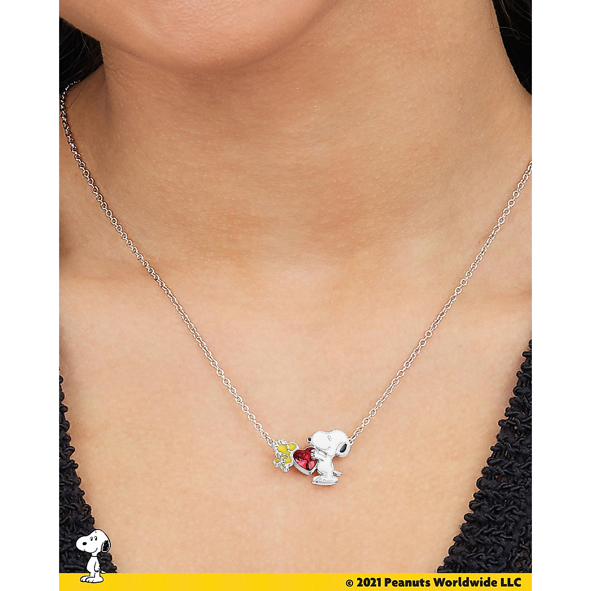 PEANUTS Womens Snoopy and Woodstock Red Crystal Heart Necklace 18" - Silver Plated Snoopy Necklace - Official License