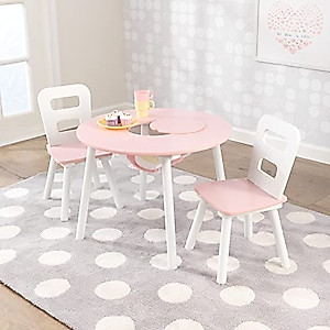 KidKraft Wooden Round Table & 2 Chair Set with Center Mesh Storage- Pink & White, 23.5 x 23.5 x 17.2