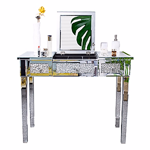 VINGLI Mirrored Vanity Desk with Drawers and Flip Mirror, Glass Vanity, Mirrored Vanity Table, Mirror Vanity Silver Desk, Mirrored Makeup Vanity Table for Bedroom/Makeup Room, Silver