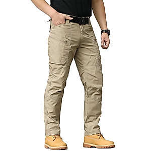 NAVEKULL Men's Work Cargo Pants for men Rip Stop Tactical Pants Outdoor Hiking Camping Travel Pants Lightweight Water Resistant Waterproof Military Army Combat Trousers with Side Zipper Pockets Khaki