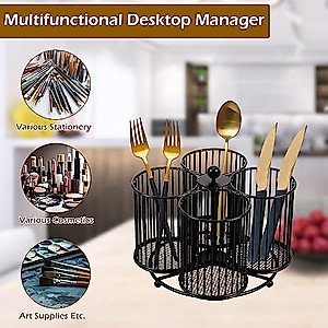 360° Rotating Metal Utensil Caddy, Utensil Organizer Holder 4 Compartment Flatware Storage Basket Portable Multipurpose Countertop Silverware Organizer for Kitchen Picnic Camping Outdoor (Black)