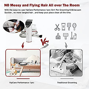 VipCare Pet Grooming Kit & Vacuum Suction - 5in1 Dogs & Cats Grooming Tools & Kits Included Grooming Brush, Cleaning Brush, Cleaning Nozzle, Deshedding Tool and Hair Clipper for Dogs Cats