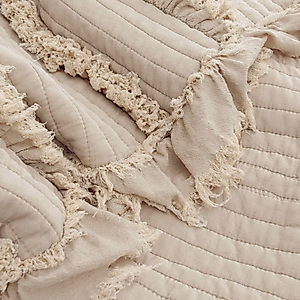 Ultra Soft Pre-Washed Quilted Boho Throw Blanket, Ruffle Fringed Beige Decorative Throw, Stone Washed Chic Rustic Blanket for Sofa Couch Bed Chair, 50"x 60"
