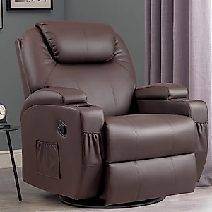 YESHOMY Swivel Rocker Recliner with Massage and Heating Functions, Sofa Chair with Remote Control and Two Cup Holders, Suitable for Living Room, PU Leather Brown