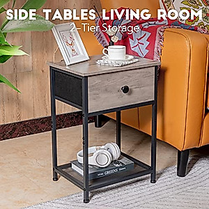 AMHANCIBLE Night Stand Set 2, Small End Side Tables Living Room with Drawer, Industrial Slim Nightstand with Shelf, Bedside Tabes for Bedroom, Wood Metal Accent Furniture, Greige HET03SDGY
