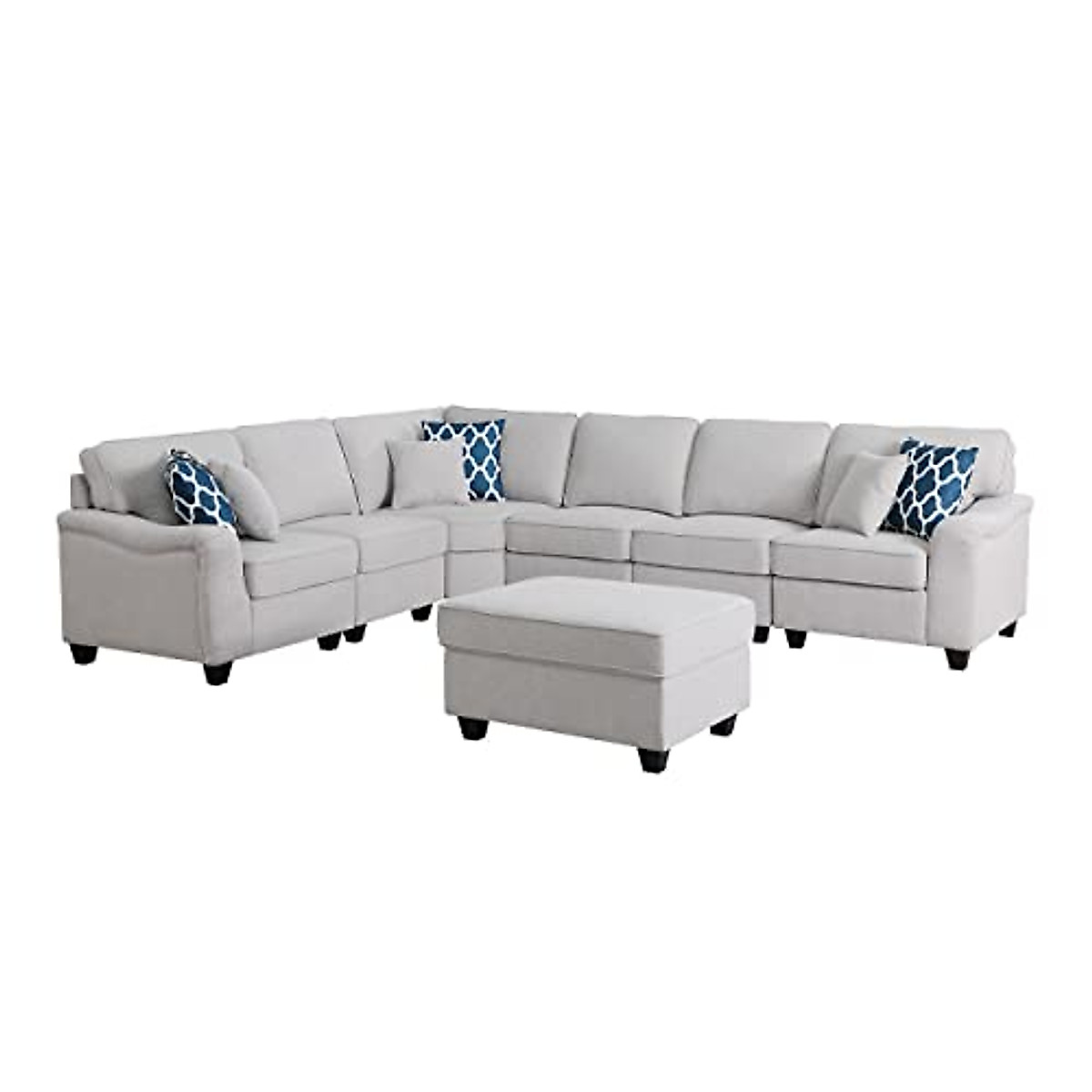 Favfurish 125" Linen 7-Piece Modular L-Shaped Sectional Sofa with Ottoman, Customizable Couch with Pocket Coil Seating and 6 Accent Pillows for Living Room or Family Room,Light Gray