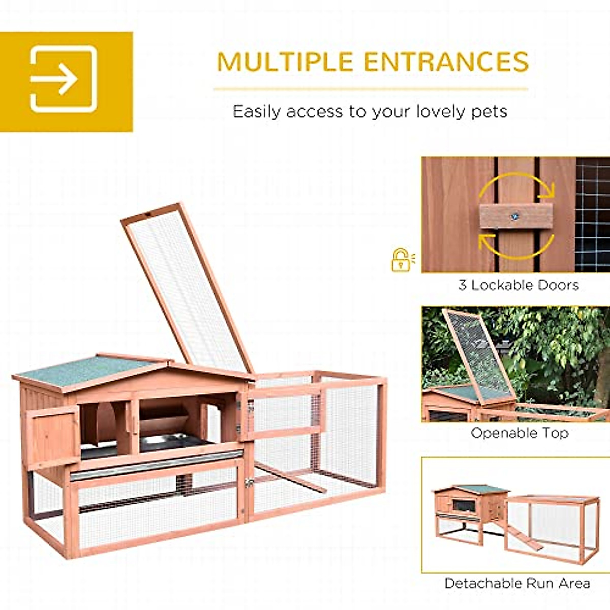 Pawhut 62" Outdoor Rabbit Hutch with Run, Guinea Pig Pet House Bunny Cage with Pull Out Tray, Waterproof Roof