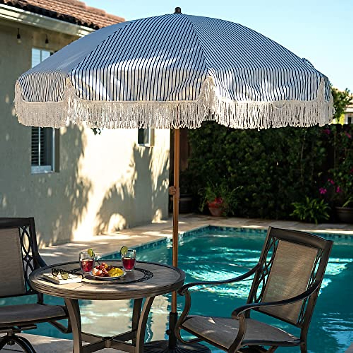 AMMSUN 7ft Patio Umbrella with Fringe Outdoor Tassel Umbrella UPF50+ Premium Steel Pole and Ribs Push Button Tilt,Navy Blue Stripes