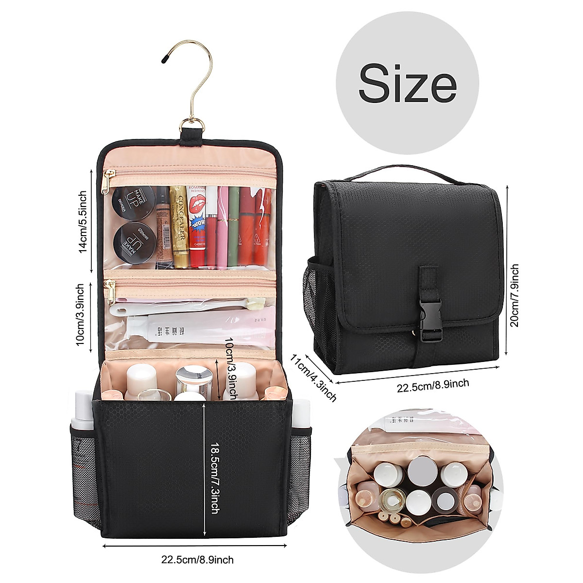 Relavel Hanging Toiletry Bag for Women and Men, Small Travel Bag for Girls Compact Size with Multiple Compartments Waterproof Travel Kit Wash Bag Makeup Storage Organizer Gym Shower Bag Black