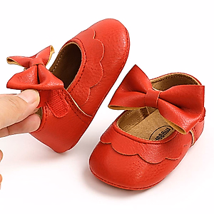LAFEGEN Baby Girls Mary Jane Flats with Bownot Non Slip Soft Sole PU Leather Newborn Infant Toddler First Walker Cirb Dress Shoes, 6-12 Months Infant, 07 Red