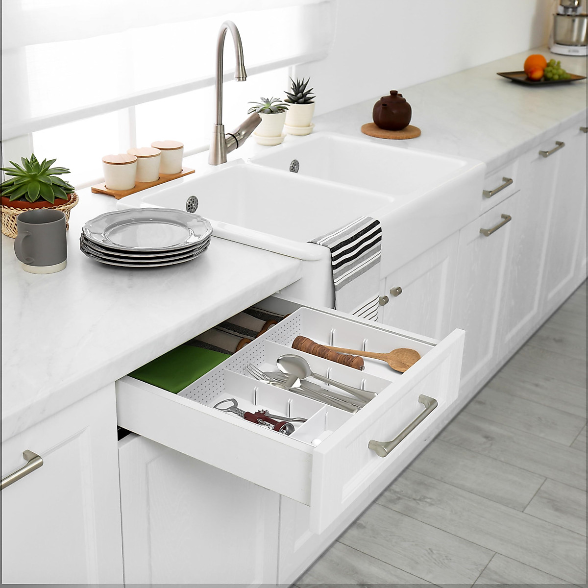 Simple Houseware Drawer Organizer Tray with 9 Adjustable Compartments, White