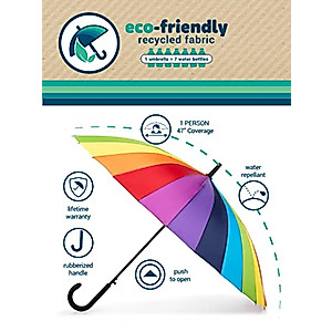 totes Large Eco Auto-Open 24 Rib Stick Umbrella with a Classic J Hook Curved Handle and water repellant
