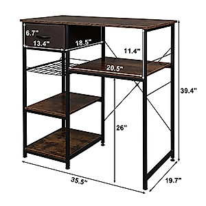 VINGLI Microwave Stand 4-Tiers Kitchen Storage Fit Mini Fridge Baker’s Rack Shelving Utility Coffee Bar with Big Drawer Wine Rack Metal Frame Industrial Workstation Organizer Kitchen Decor